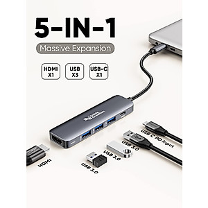 USB C Hub, CableCreation 5-in-1 USB C to HDMI Multiport Adapter, 100W PD, 3 USB 3.0 Ports for MacBook Pro, MacBook Air M1/M2, iPad Pro, Surface Pro, XPS