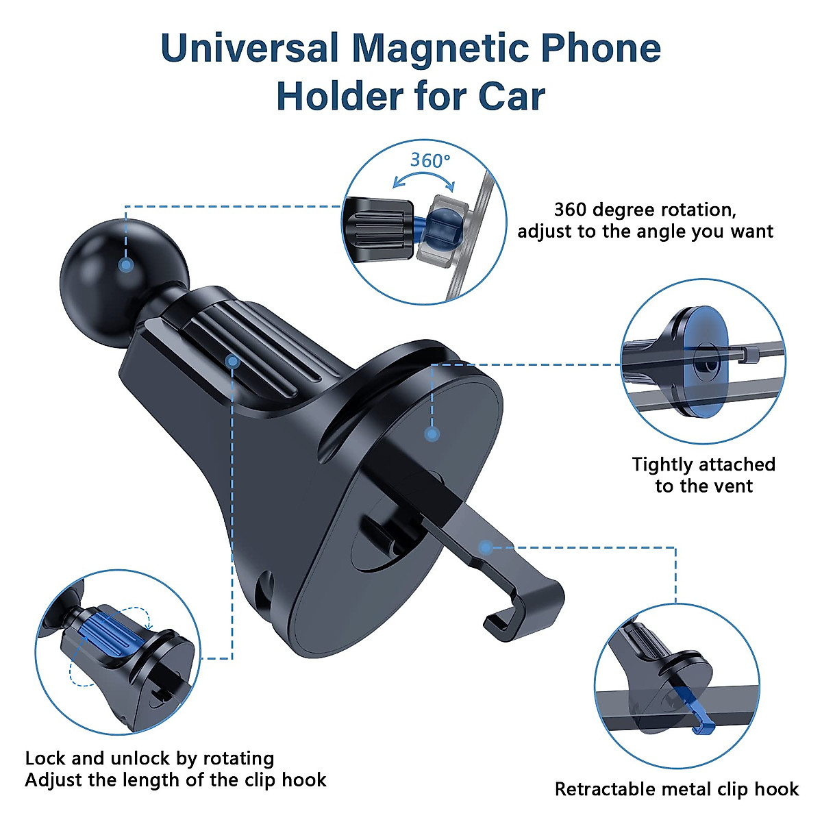 AUROX Phone Mount for Car Compatible for Magsafe Car Mount [Upgraded Vent Hook&Strong Magnets] 360° Adjustable Air Vent Cell Phone Holder Car for iPhone 16 15 14 13 12 Series & Most Smartphones (BLK)