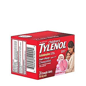 Tylenol Children's Chewables with 160 mg Acetaminophen, Pain Reliever & Fever Reducer for Kids' Cold + Flu Symptoms, Headache, Sore Throat & Toothache, Aspirin-Free, Bubble Gum, 24 ct