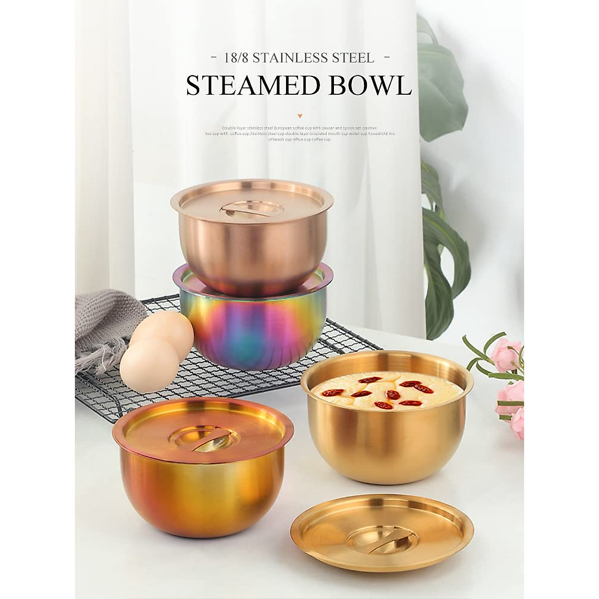 Stainless Steel Steamed Egg Bowl With Lid Cake Container Stirring Home Egg Bowl Storage Holder-Red