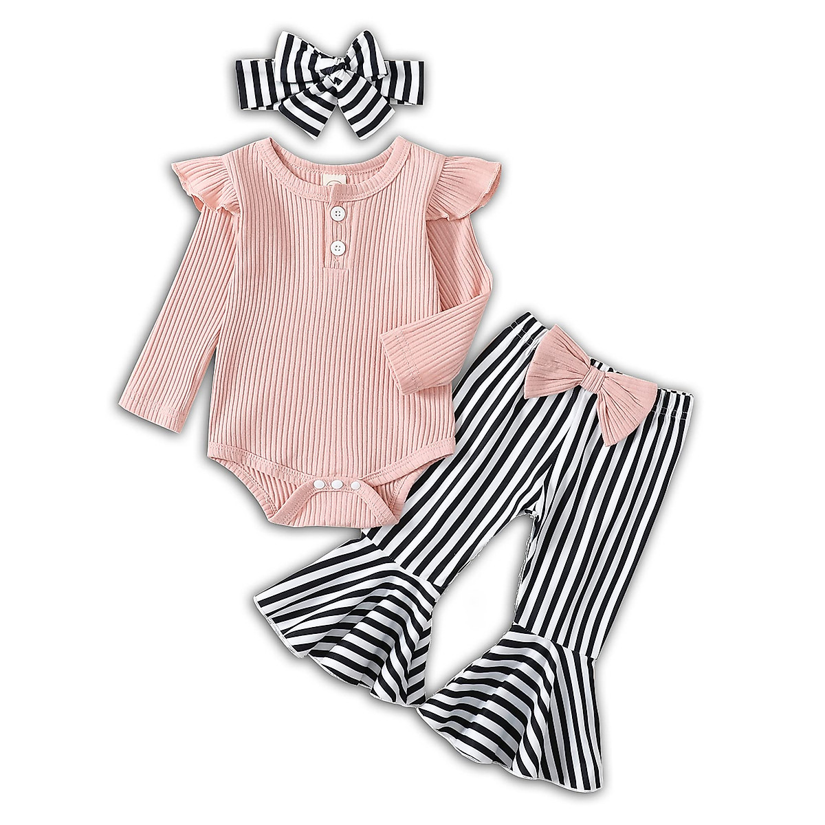 ADXSUN Newborn Baby Girl Clothes Ribbed Ruffled Romper+Striped/Cow/Leopard Flared Pants Infant Outifts 0-18 Months