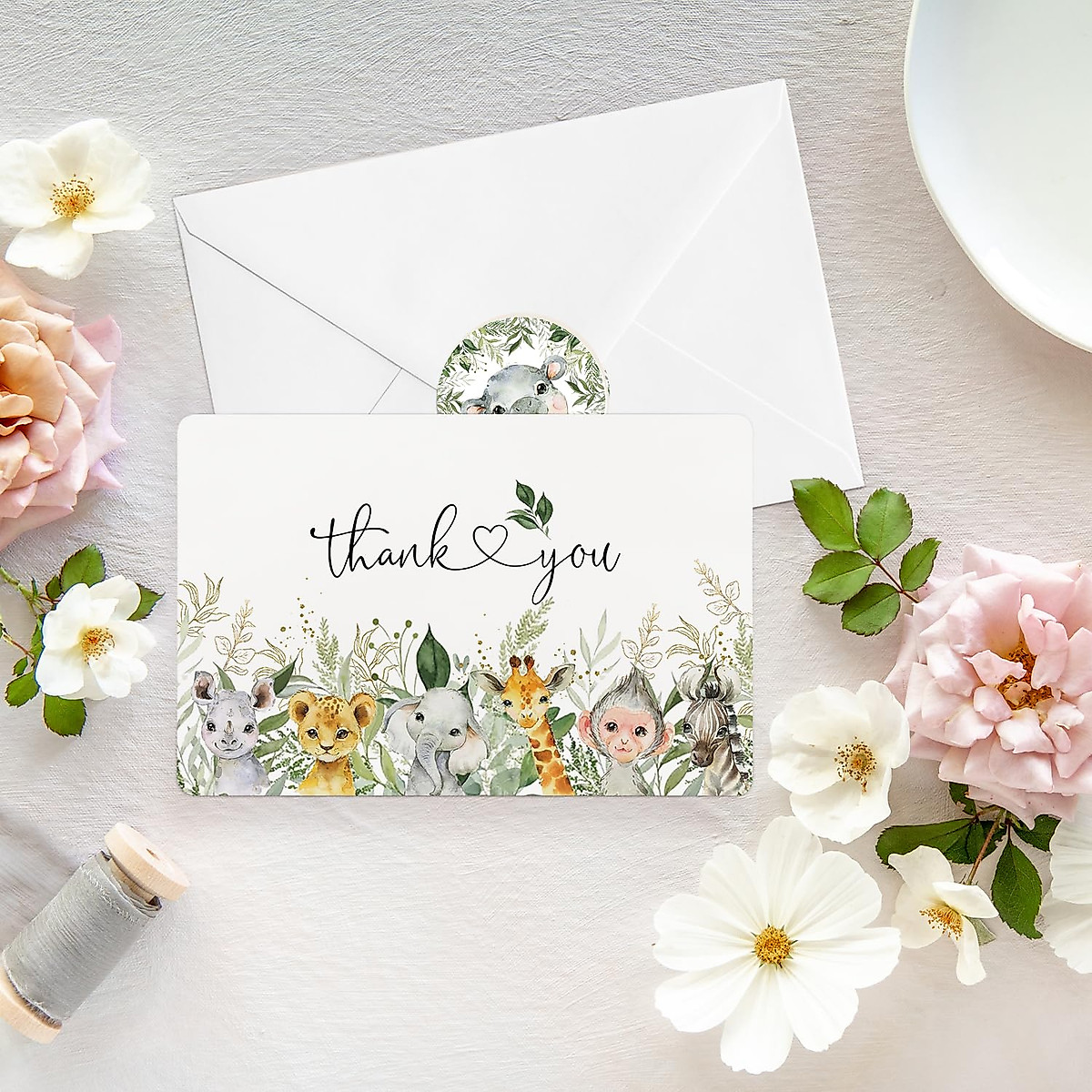 Artoid Mode 24 Pack Elephant Giraffe Thank You Cards Animal Greeting Cards Gift With Envelope Sticker Blank Note Cards for Birthday Wedding Baby Shower Bridal Shower, 4 x 6 Inch