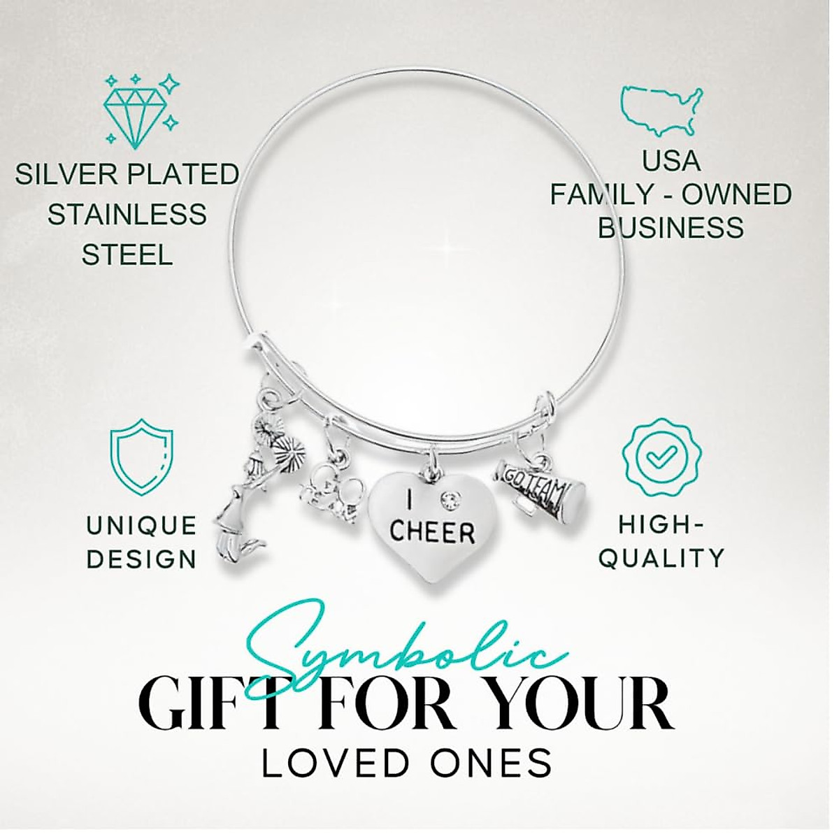Infinity Collection - Cheer Bracelet - Adjustable Charm Bangle, Cheer Jewelry, Gift for Cheerleaders & Coaches, Non-Tarnish, Premium Quality