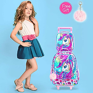 ZLYERT 3PCS Rolling Backpack for Girls, Unicorn Roller School Bag with Wheels for Kids, Wheeled Bookbag with Lunch Box for Children