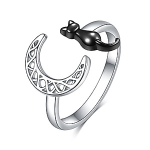 CRMAD Cat Ring Sterling Silver Black Cat on the Celtic Moon Ring Gifts for Women(8, silver)