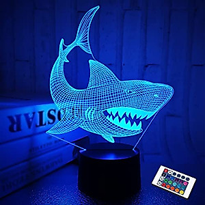 FULLOSUN Shark 3D Illusion Night Light Animal Touch Table Desk Lamp, with Remote Control 16 Colors Optical USB LED Nightlight for Kids Holiday Gift Room Decoration