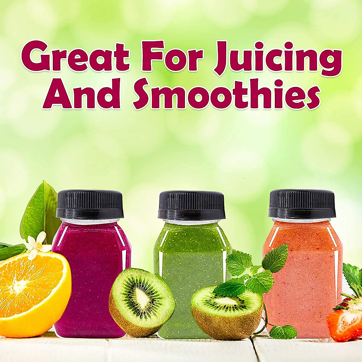 AQSXO 12 Pcs 2 OZ Mini Plastic Juice Bottles, Reusable Bulk Beverage Containers, Comes Black lid, for Juice, Milk and Other Beverages.