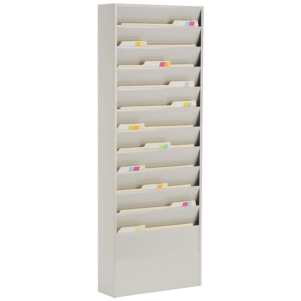 Displays2go Office File Folder Wall Rack, 11 Tiered Pockets, Medical Chart Folders (Putty/Powder Coated Steel)
