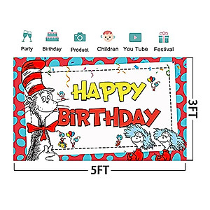 Red Backdrop for Birthday Party Decorations Dr Seuss Background for Baby Shower Party Cake Table Decorations Supplies Cat in The Hat Theme Banner 5x3ft