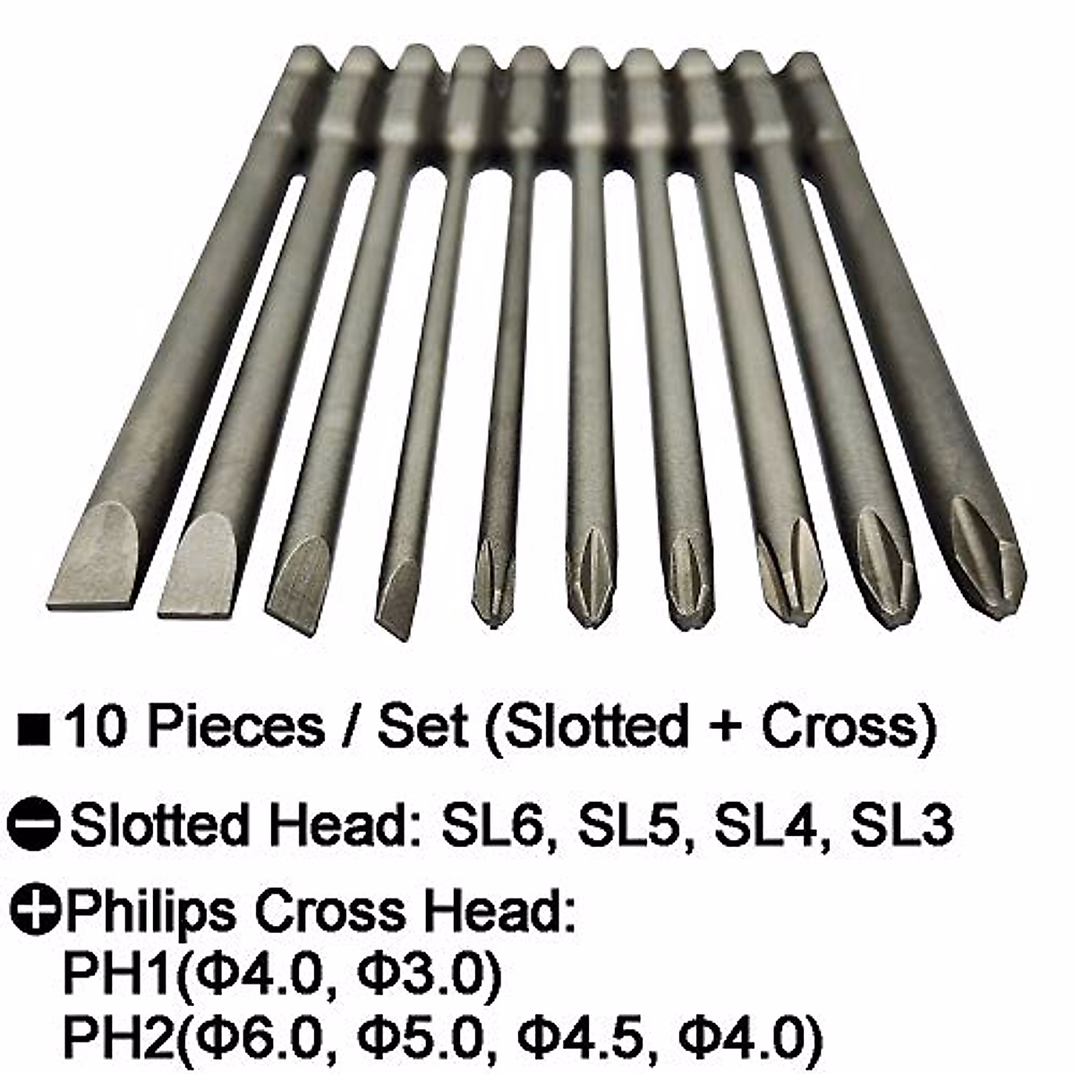 YDLQWCZ Long Slotted Head and Cross Phillips Screwdriver Bit Sets with 1/4 Inch Hex Shank 4 inch Lenght 4pcs Slotted Head and 6pcs Philips Cross Head Screw Driver Bits (10Pcs Slotted + Cross 100mm)