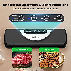 Suntree Vacuum Sealer Machine for Food, Compact Food Sealer Vacuum Sealer Dry/Moist/Gentle Modes with Build-in Cutter, Food Vacuum Sealer with 15pcs Vacuum Bags, External VAC for Jars and Containers