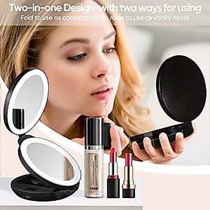 KEDSUM Upgraded Rechargeable Travel Makeup Mirror with Light, 1X/10X Magnifying Mirror with Light, Compact Travel Mirror with LED Lighted, Double Sided Folding Vanity Mirror, Daylight, Portable