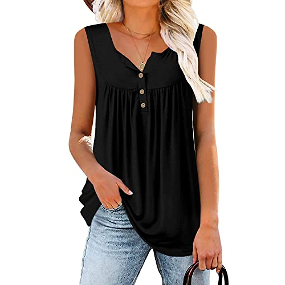Casual Loose Tops for Women Buttons T Shirts Sleeveless Tunics for Leggings Black XXL