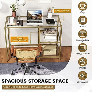Tangkula Tempered Glass Computer Desk with 2-Tier Storage Shelves, Modern Computer Workstation, Vanity Makeup Table, Sturdy Metal Frame, Home Office Desk, Student Writing Study Desk (Gold)