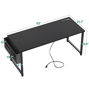 AODK 63 inch Small Computer Desk with Power Outlet for Small Spaces Home Office Student Laptop PC Writing Desks with Storage Bag Headphone Hook, Black