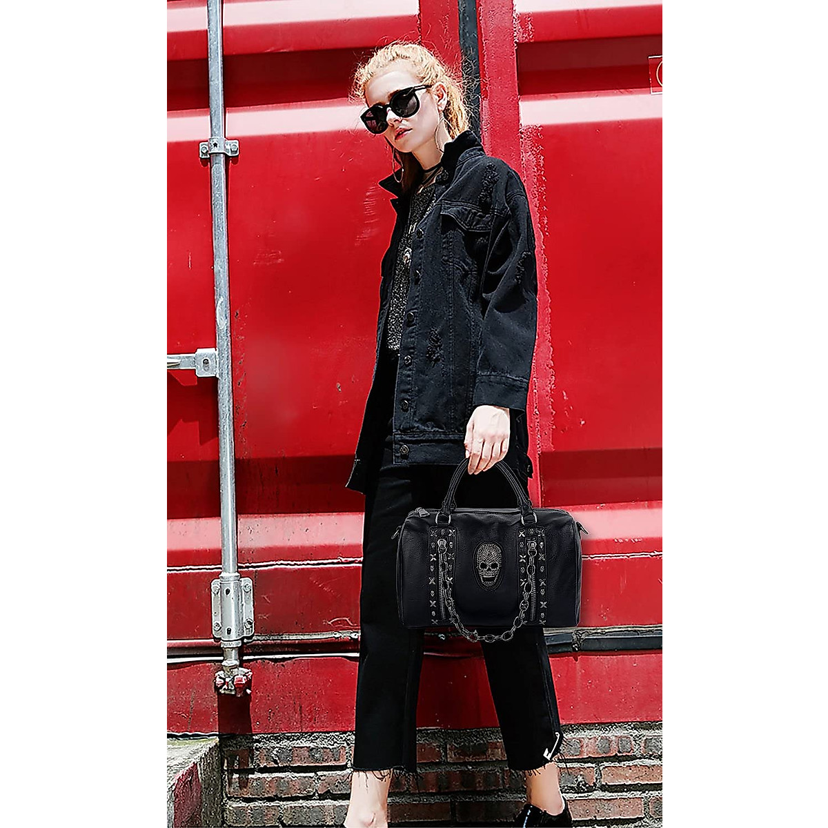 UTO Women Skull Tote Bag Rivet Studded Metal Chain Handbag PU Leather Purse Shoulder Bags 513A