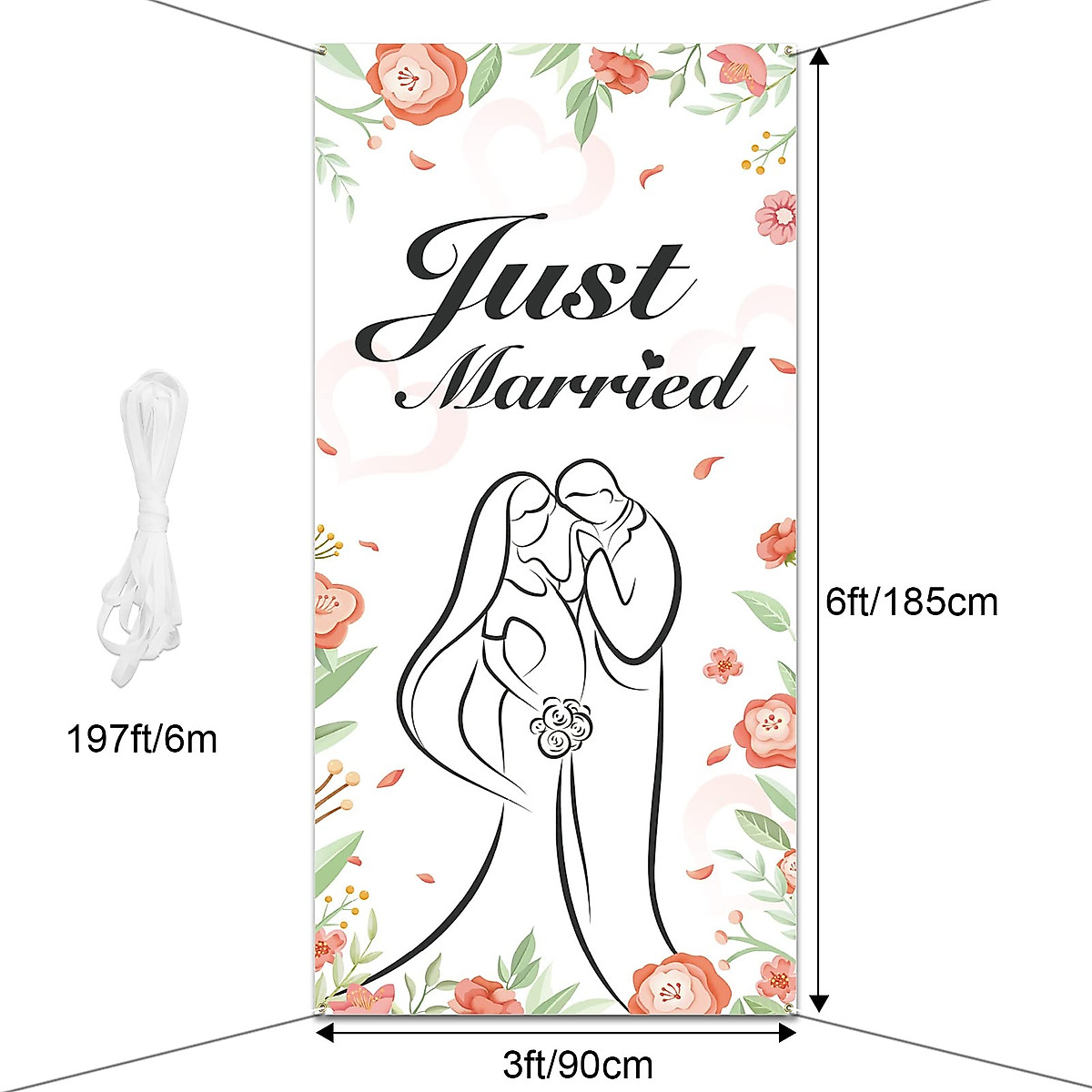 DPKOW Pink White Just Married Banner (6x3 feet) - Premium Wedding Engagement Party Decoration, Bridal Shower Door Cover, Romantic Rose Design, Tear Resistant, Reusable