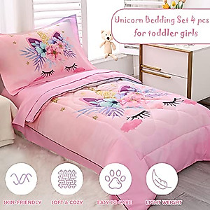 KINBEDY 4 Piece Unicorn Toddler Bedding Sets for Girls Pink Floral Cartoon Bed Sheets Toddler Bed Comforter Set for Baby Girls Bedroom Set | Include Comforter, Flat Sheet, Fitted Sheet, Pillowcase