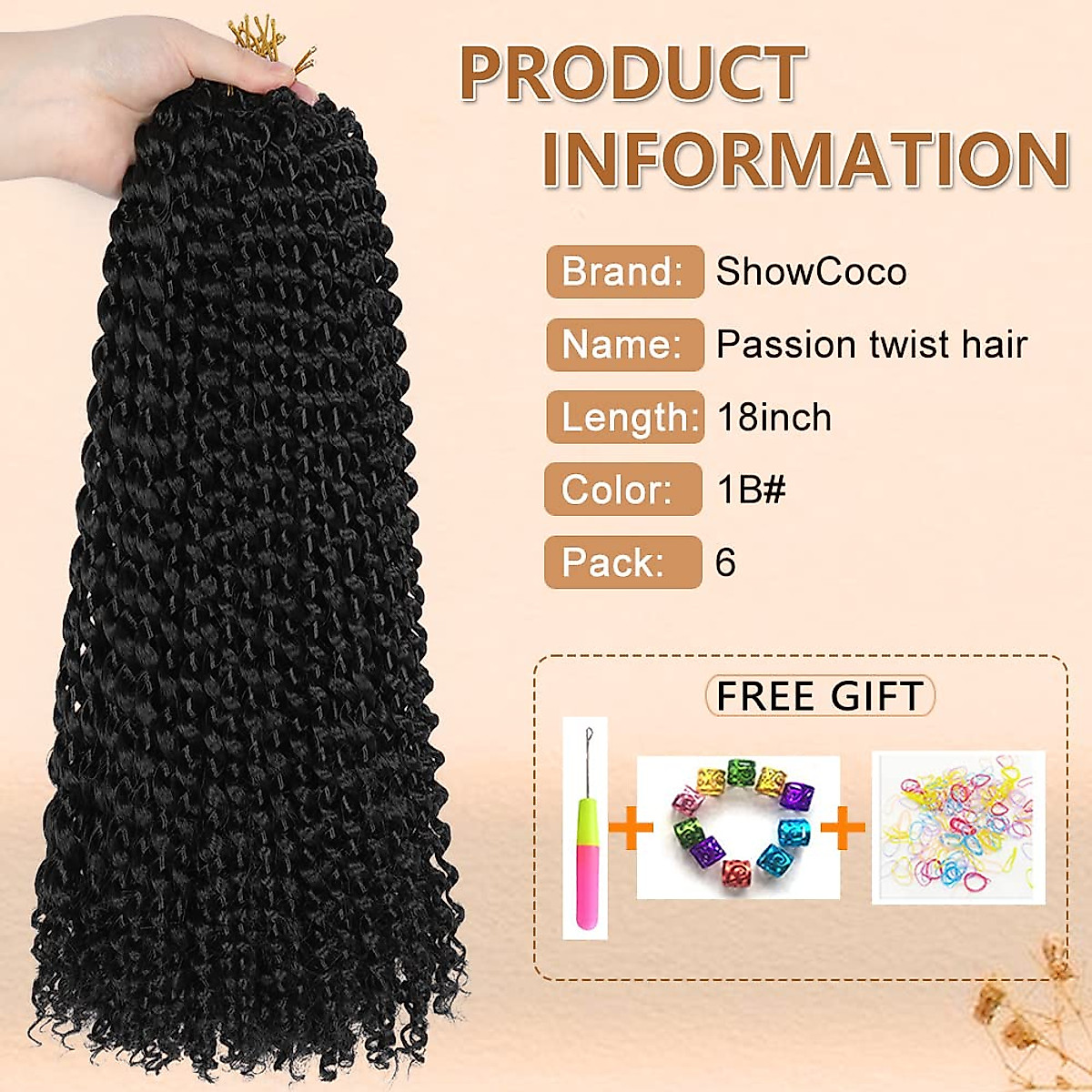 Passion Twist Hair 18 Inch Water Wave Crochet Hair 6 Packs Passion Twists Crochet Hair Long Braiding Hair Bohemian Synthetic Hair Extensions(18inch, #1B)