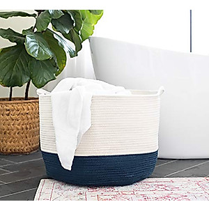 Chloe and Cotton XXXL Extra Large Woven Rope Storage Basket 15 x 21 inch Navy White Handles | Decorative Laundry Clothes Hamper, Blanket, Towel, Baby Nursery Diaper, Toy Bin Cute Collapsible Organizer