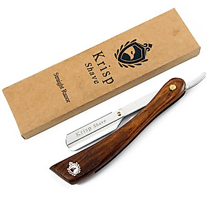 Professional Straight Edge Shaving Razor Safety - Krisp Beauty Natural Wood Handle Wet Shave Manual Shavette Razor For Men Barber Salon Quality Stainless Steel with 5 Double Edge Shaving Blades