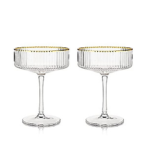 Viski Meridian Vintage Coupe Glasses, Art Deco Champagne Coupe Glassware, Gold Rimmed Stemmed Drinkware Set of 2, 11.5 oz