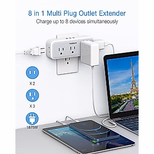 Multi Plug Outlet Splitter, TESSAN 5 AC Surge Protector Outlet Extender with 3 USB Wall Charger, Multiple Plug Expander for Home Office Dorm Room Essentials