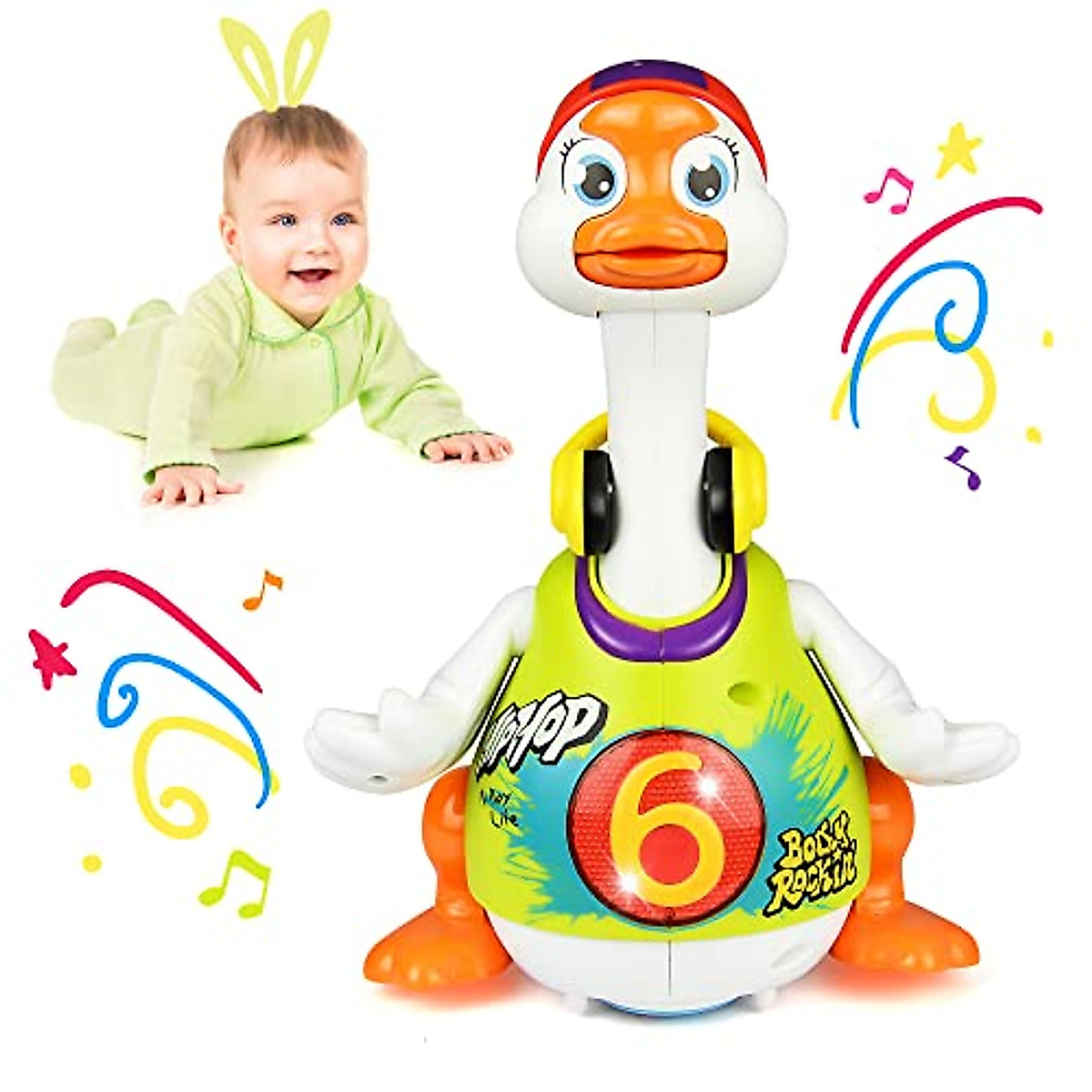 Woby Baby Musical Toy Dancing Singing Talking Walking Hip Hop Swing Goose Cool Educational Toy Gift for 1 2 3 Year Toddlers Kids Boys Girls