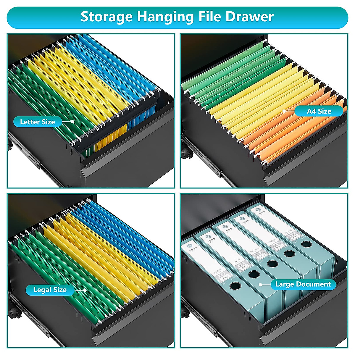 LISSIMO 2 Drawer Metal File Cabinet, Rolling File Cabinet with Lock for Hanging Legal/Letter Size,Under Desk Filing Cabinet for Home Office Assembly Required Black