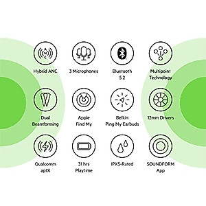 Belkin SOUNDFORM Immerse Noise Cancelling Earbuds, True Wireless Earbuds with Hybrid ANC, Wireless Charging, IPX5 Sweat and Water Resistant, Apple Find My for iPhone, Galaxy, Pixel and More - White