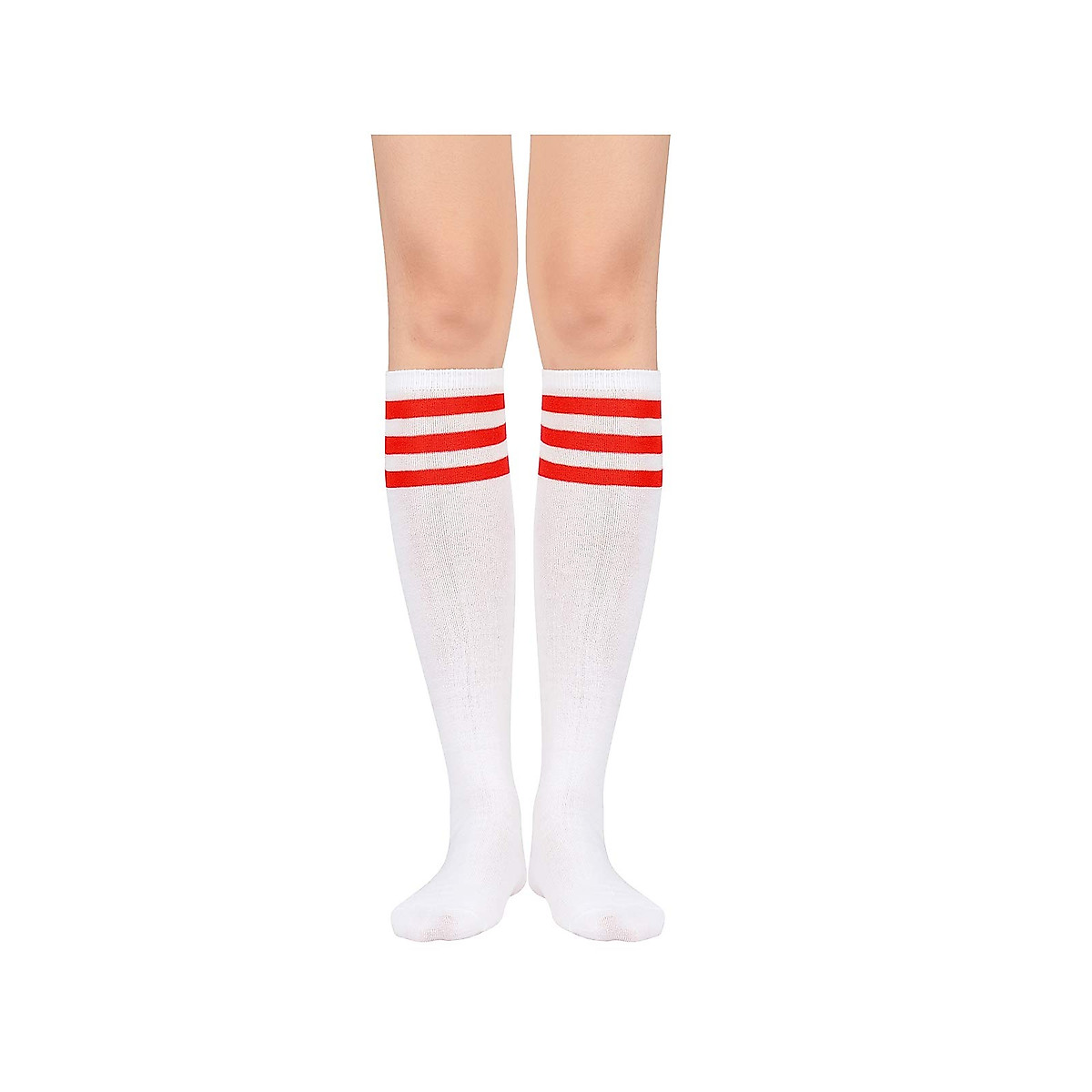 Komorebi Women's Knee High Athletic Socks Stripes Tube Sport Socks Soft Strench High Socks for Women Outdoor White Red One Size