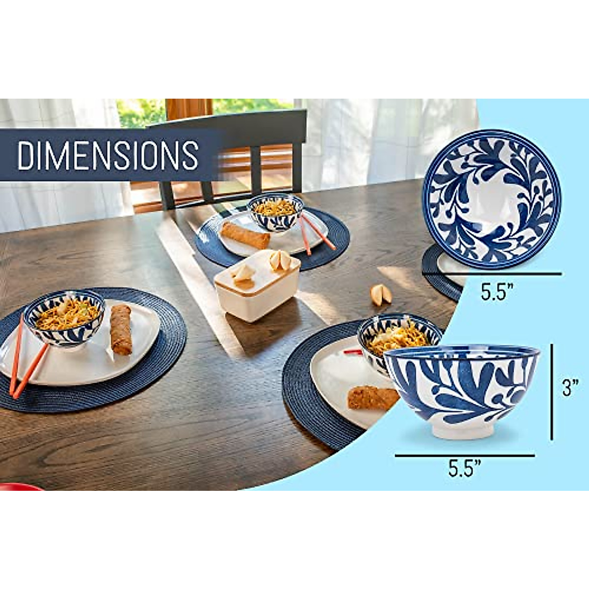 Nat & Jules Leaves White and Blue 18 ounce Ceramic Cereal Ramen Bowls Set of 4