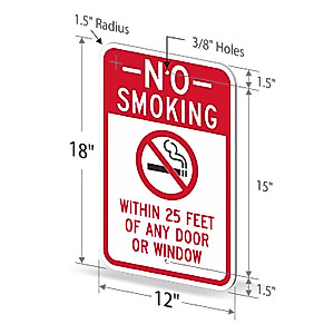 SmartSign 18 x 12 inch “No Smoking - Within 25 Feet of Any Door Or Window” Metal Sign, 63 mil Laminated Rustproof Aluminum, Red, Black and White