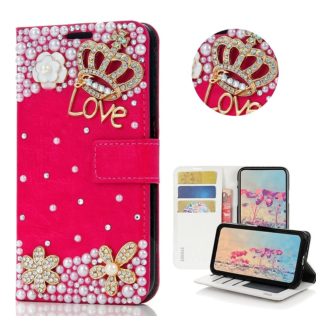 STENES Bling Wallet Phone Case Compatible with Samsung Galaxy Z Fold 2 5G Case - Stylish - 3D Handmade Crown Flowers Design Magnetic Wallet Stand Girls Women Leather Cover - Red