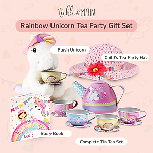 Tickle & Main Rainbow Unicorn Tea Party Gift Set, Tea Set for Little Girls with Unicorn Plushie