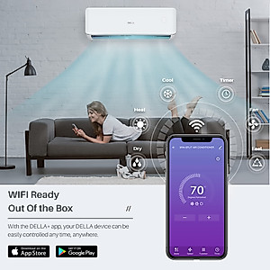 DELLA 12000 BTU Wifi Enabled Mini Split Air Conditioner & Heater Ductless Inverter System, 17 SEER 110-120V Energy Efficient Unit w/ 1 Ton Heat Pump, Cools Up to 550 Sq. Ft. (FZ Series)