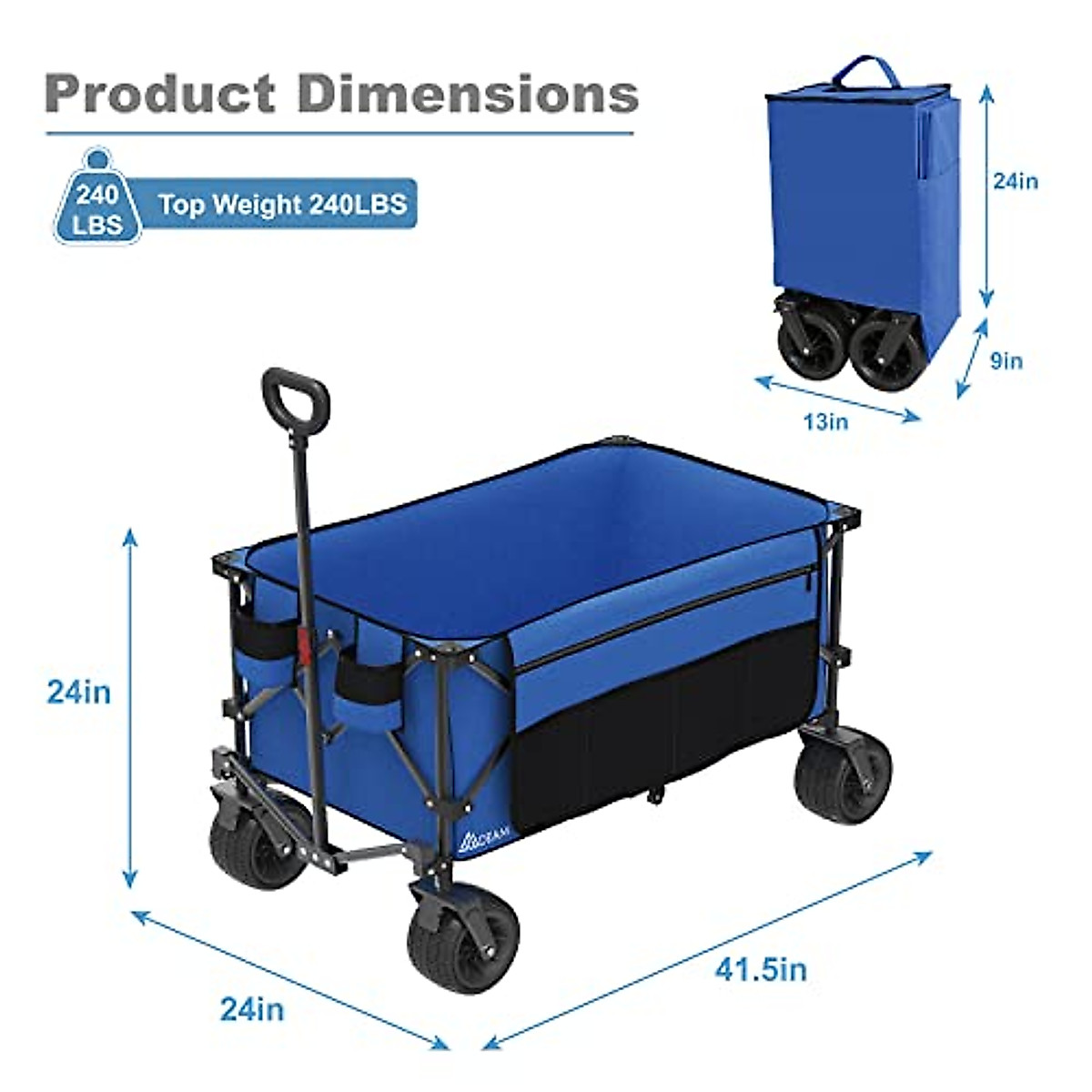 Mdeam 240L Collapsible Foldable Wagon, Heavy Duty Folding Utility Cart with Big All-Terrain Beach Wheels, Cup Holders, Side Pockets and Adjustable Handle for Camping, Garden, Sports, Shopping (Blue)