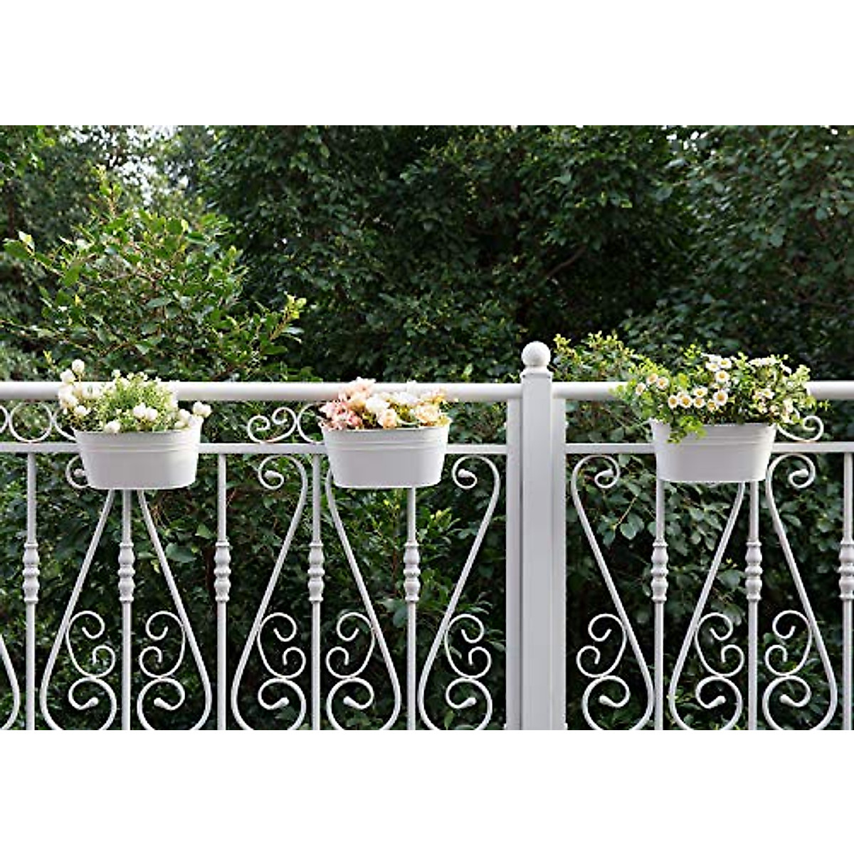 Dahey Metal Iron Hanging Flower Pots for Railing Fence Hanging Bucket Pots Countryside Style Window Flower Plant Holder with Detachable Hooks Home Decor,White,3 Pcs