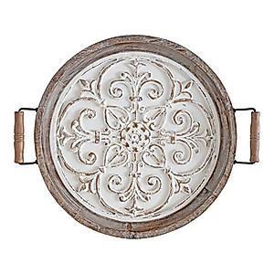 Kate and Laurel Hillrose Round Wooden Tray, 18 inch Diameter, Rustic Brown and White, Decorative Tray for Serving, Display, and Storage