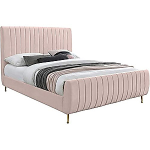 Meridian Furniture Zara Collection Modern | Contemporary Velvet Upholstered Bed with Deep Channel Tufting and Custom Gold Legs, King, Pink