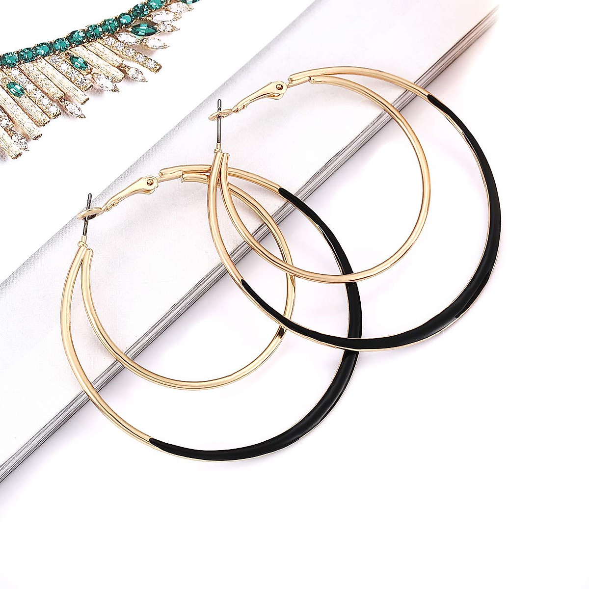 Hoop Earrings for Women Statement Double Circle Earrings Geometric Glazed Layers Oval Drop Dangle Earrings (Black)