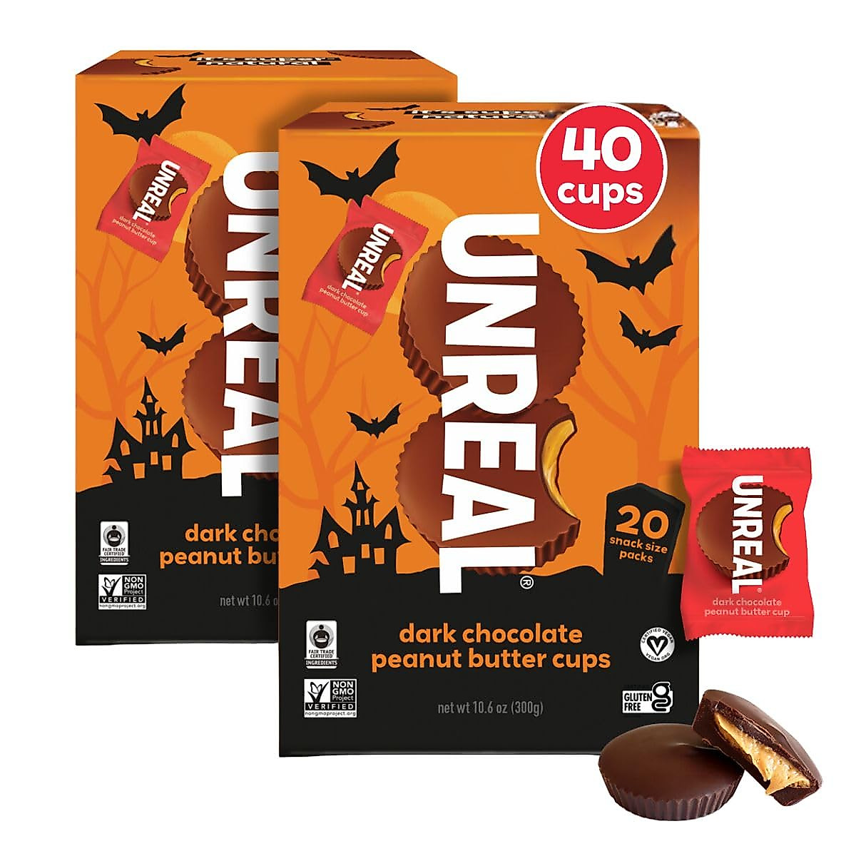 Halloween Edition UNREAL Dark Chocolate Peanut Butter Cups (40 Cups) | 5g Sugar | Certified Vegan, Gluten Free, Fair Trade, Non-GMO | No Sugar Alcohols or Soy | 2 boxes