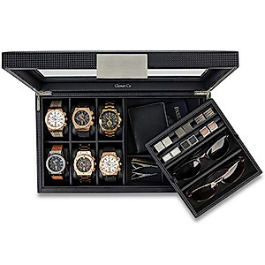 Glenor Co Valet Jewelry Box for Men - Holds 6 Watches, 12 cufflinks, 2 Sunglasses & Tray Storage - Mens Watch Case - CarbonFiber Organizer w Metal Accents, PU Leather & Large Glass Lid - Black