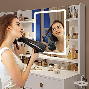 DICTAC Vanity Desk with LED Lighted Mirror & Power Outlet Makeup Vanity Table with 4 Drawers & Nightstand & Storage Shelves&Jewelry Cabinet,3 Color Modes,Dressing Table for Bedroom Dressing Room,White