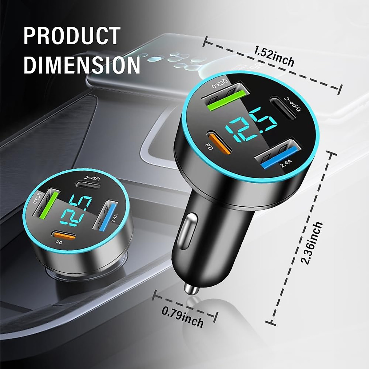 Car Charger,4-in-1 Super Fast Car Charger Adapter with Voltmeter & Blue LED,Universal PD+QC3.0+USB C Ports Car Cigarette Lighter USB Charger Compatible with iPhone Android (QC3.0+Type-C+PD+2.4A)