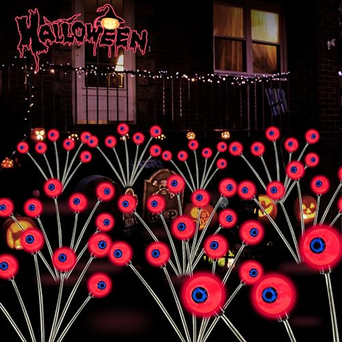 TONULAX Halloween Decorations Outdoor, 2 Pack Upgraded Solar Scary Eyeball Lights with Dual Lighting Modes, Swaying Firefly Lights, Solar Pathway Light for Yard, Garden,Yard Decor, Party (Red)