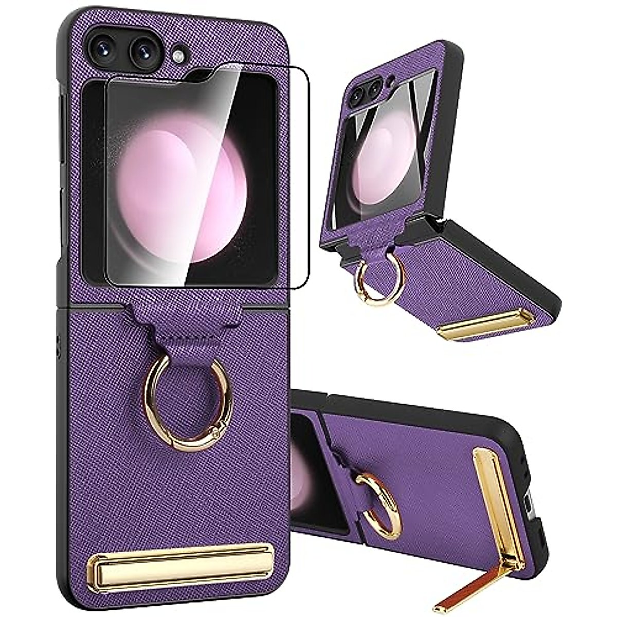 ATATOO for Samsung Galaxy Z Flip 5 Case with Ring & Kickstand & Built-in Screen Protector, Ultra-Thin Case Support Wireless Charging Durable Shockproof Anti-Slip Phone Case for Galaxy Z Flip 5, Purple