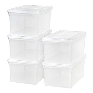 IRIS USA Letter/Legal File Tote Box, 5 Pack, BPA-Free Plastic Storage Bin Tote Organizer with Durable and Secure Hinged Latching Lid, Stackable and Nestable, Clear