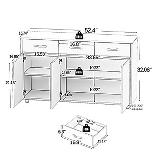RASOO Buffet Cabinet Kitchen Cabinet Storage Sideboard Cabinet Cupboard Sideboard Buffet Kitchen Room (White -3 Doors and 3 Drawers)