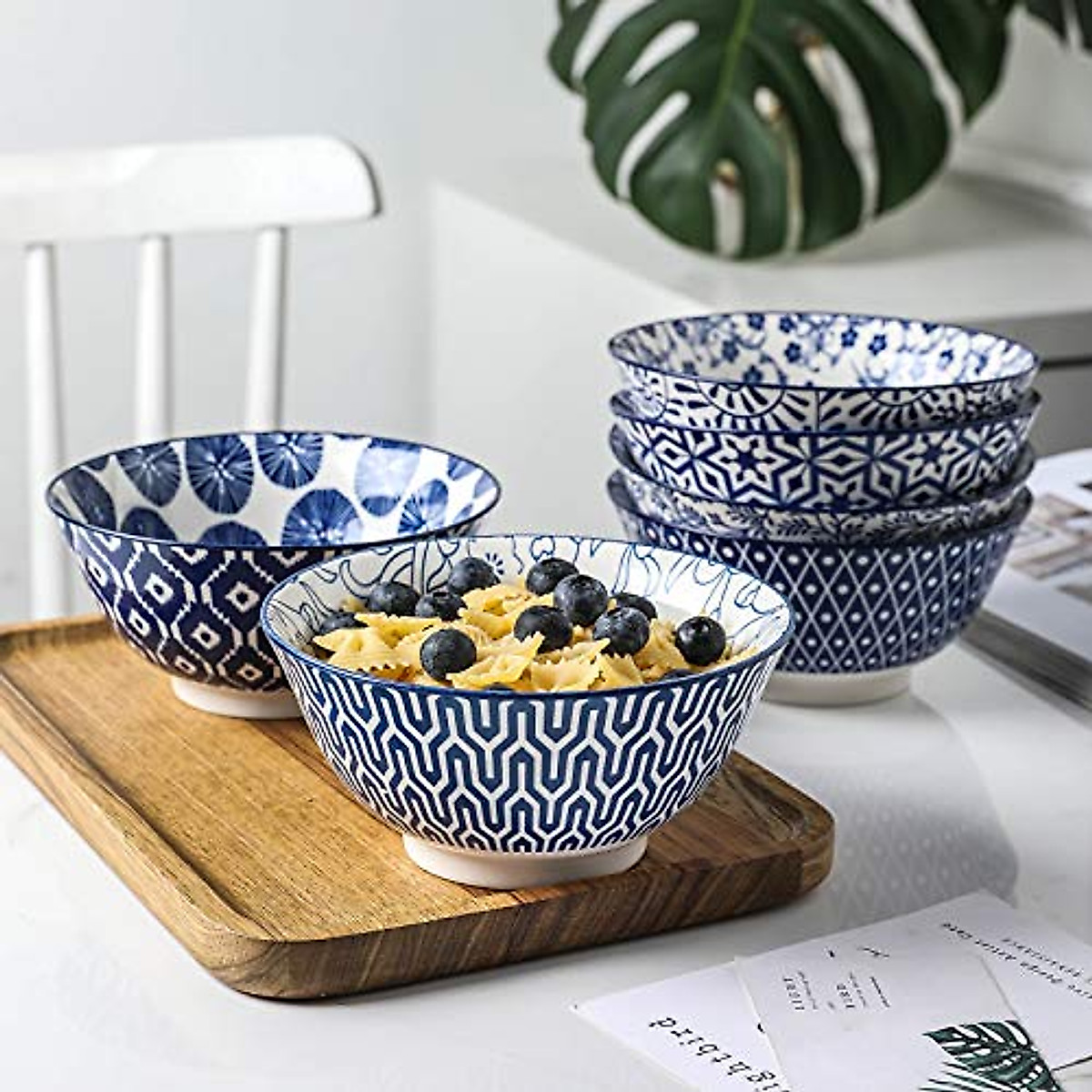Selamica Blue and White Porcelain 20oz Cereal Bowl Set - Set of 6, 6 inch Soup Bowls, Ceramic bowls for Cereal, Soup, Salad and Pasta, Vintage Blue, Gift Pack